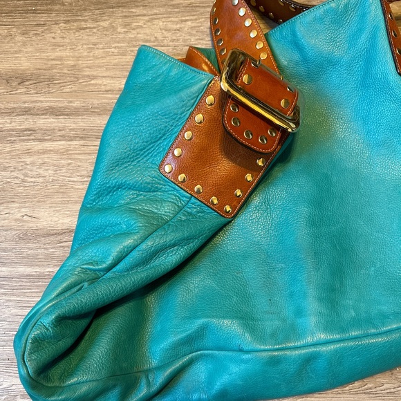 Be&D | Bags | Bed Leather Tote Bag Turquoise Brown Adjustable Handle ...